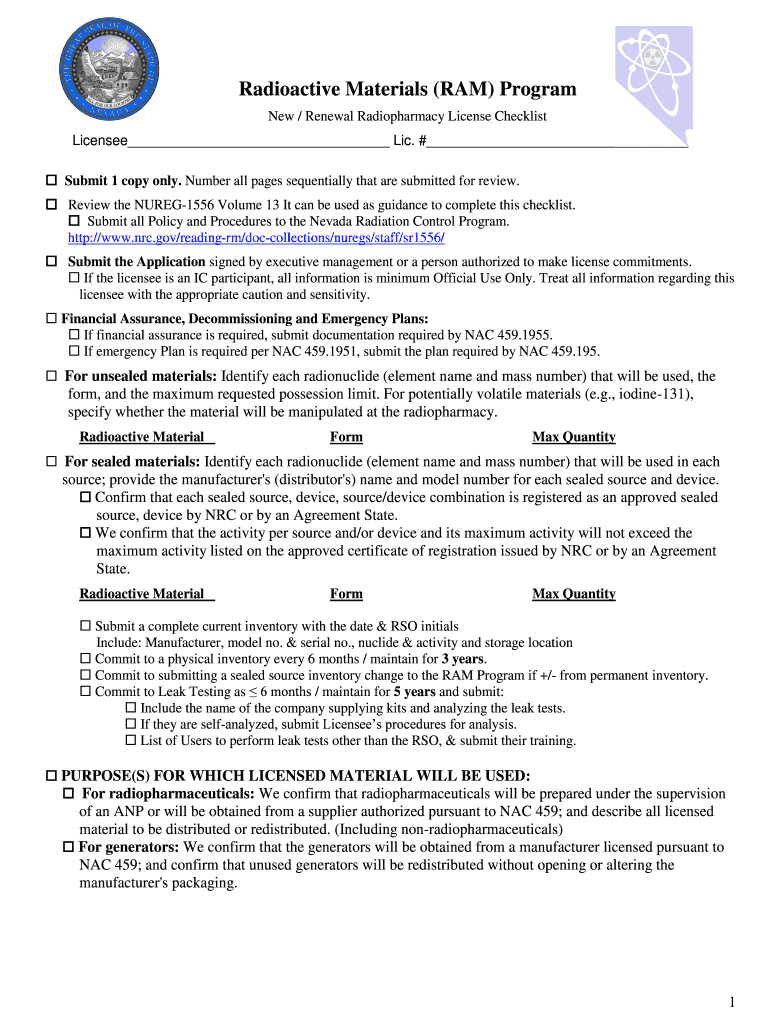 Fillable Online Radioactive Materials RAM Program - dpbhnvgov Fax Email ...