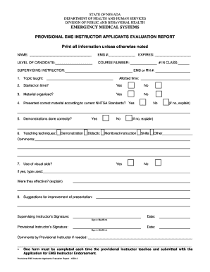 Fillable Online PROVISIONAL EMS INSTRUCTOR APPLICANTS EVALUATION REPORT ...