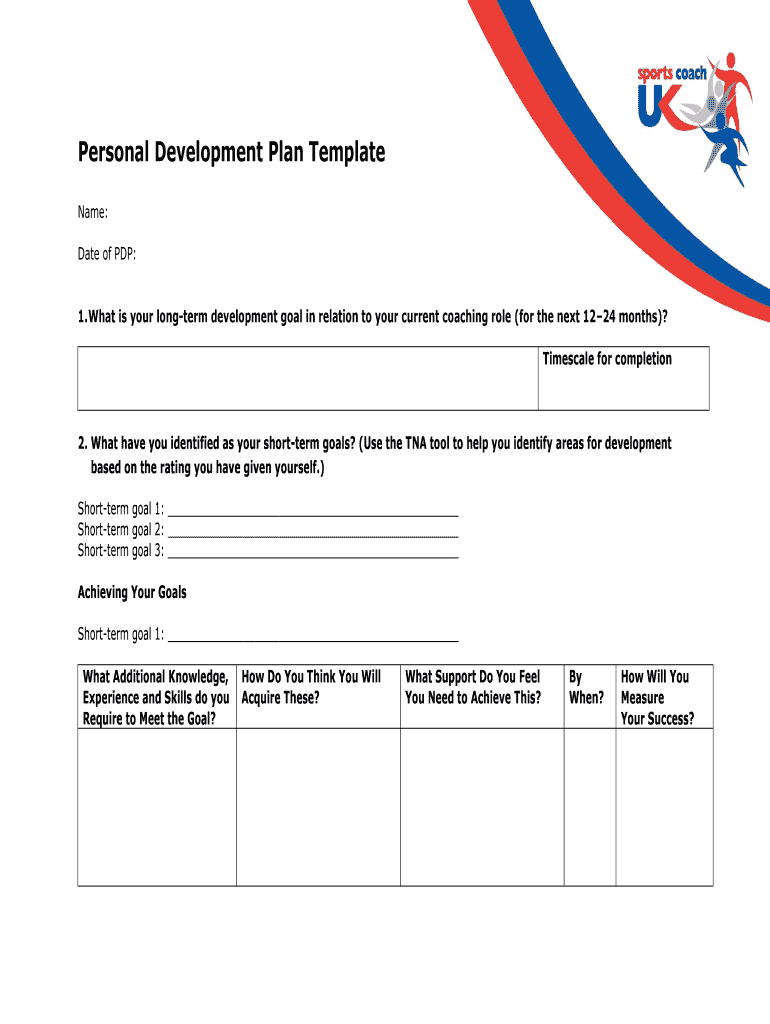 Fillable Online Personal Development Plan Template - Sports coach UK ...