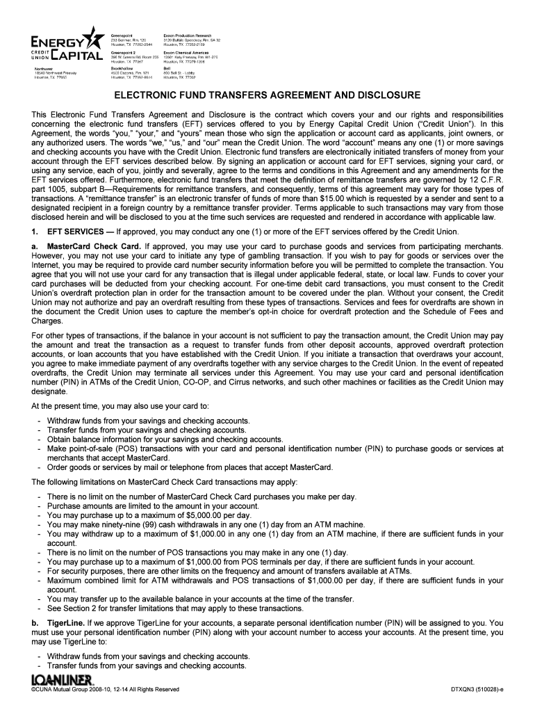 Fillable Online ELECTRONIC FUND TRANSFERS AGREEMENT AND DISCLOSURE ...
