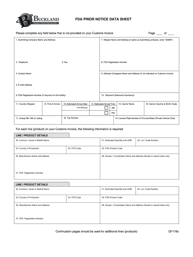Fillable Online FDA Prior Notice Data Sheet Fax Email Print - pdfFiller
