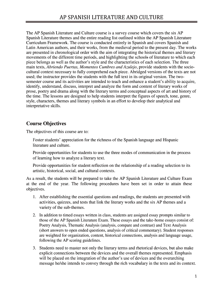 Fillable Online AP SPANISH LITERATURE AND CULTURE Fax Email Print ...