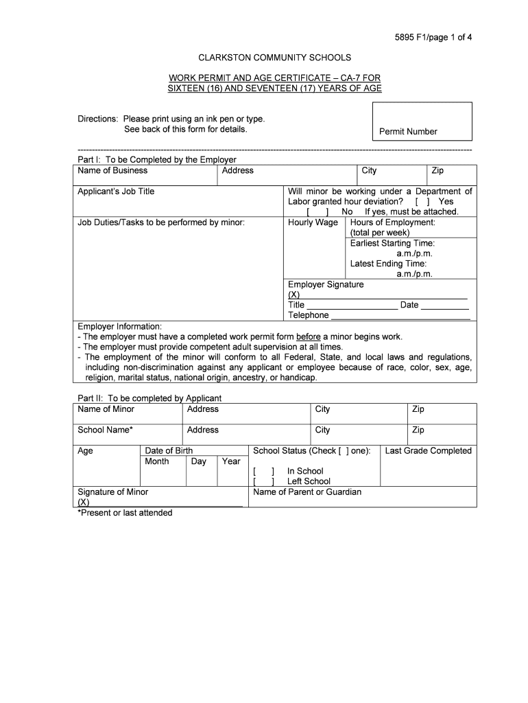 Fillable Online Work Permit for Sixteen and Seventeen Year Olds Fax ...