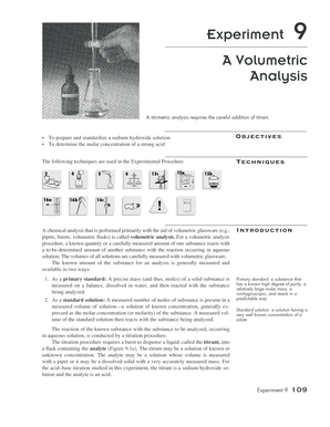 Experiment 9 Prelaboratory Assignment A Volumetric Analysis - Fill ...