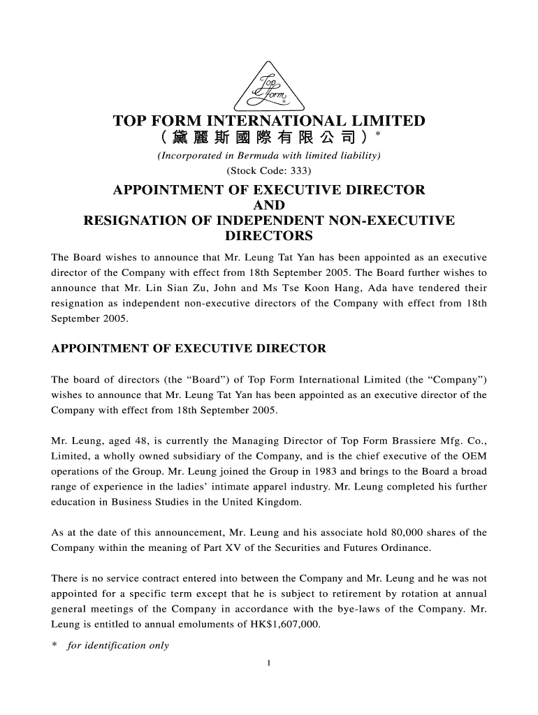 Fillable Online APPOINTMENT OF EXECUTIVE DIRECTOR AND RESIGNATION OF ...