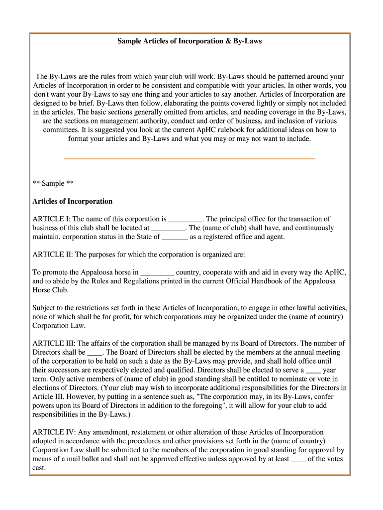 Fillable Online Sample Articles of Incorporation & By-Laws Fax Email Print - pdfFiller