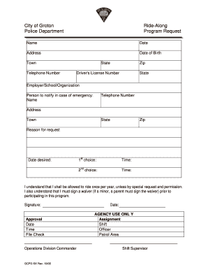 Fillable Online Ride Along Request Form - City of Groton Fax Email ...