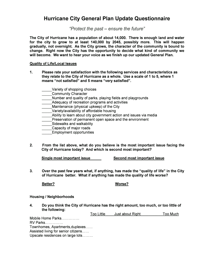 Hurricane City General Plan Update Questionnaire: Fill out & sign ...