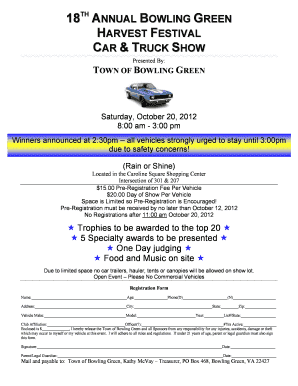 Fillable Online 2012 Harvest Festival Car Show Entry Form - Bowling ...