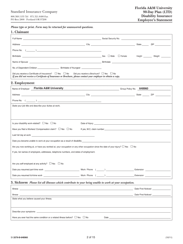 Fillable Online Florida A&M University 90-Day Plan (LTD) Disability ...