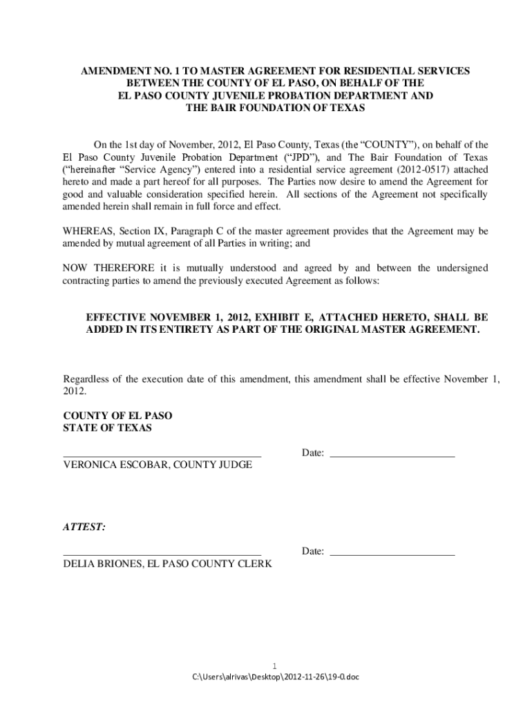 AMENDMENT NO 1 TO MASTER AGREEMENT FOR RESIDENTIAL SERVICES: Fill out & sign online | DocHub