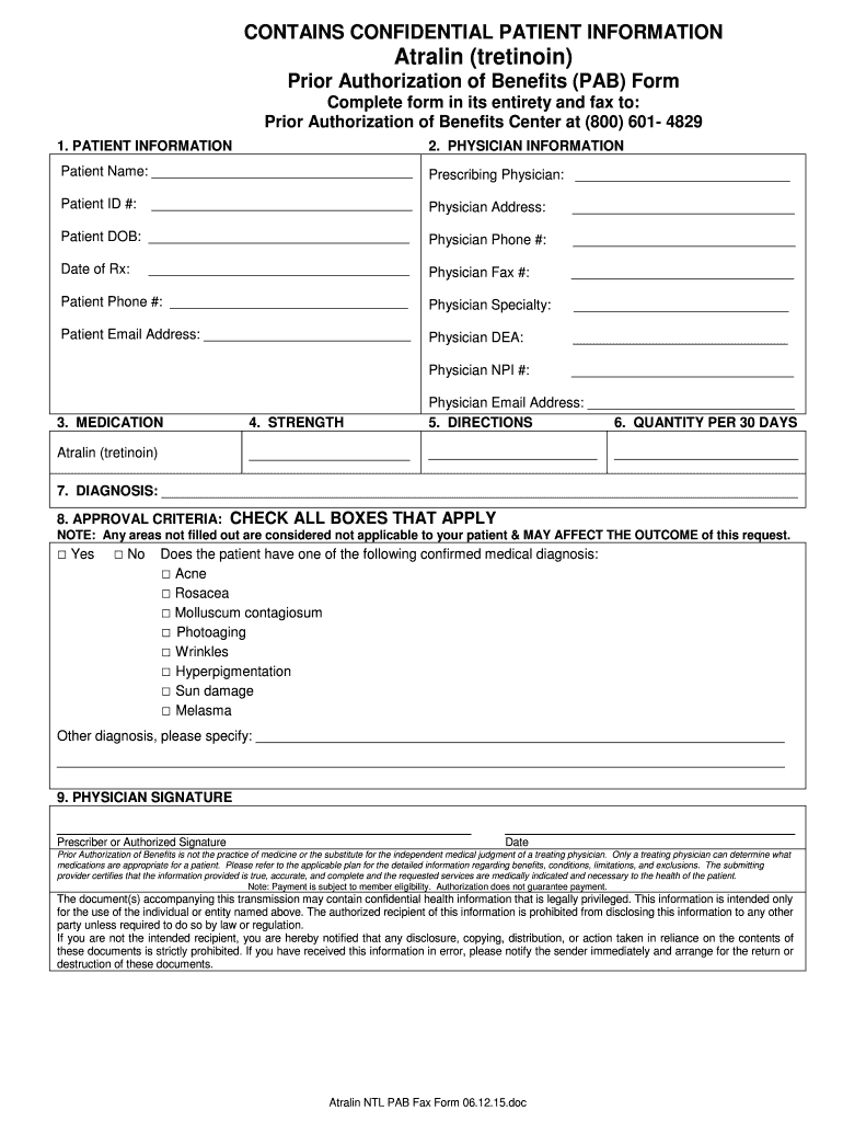 Atralin (tretinoin) Prior Authorization of Benefits (PAB) Form: Fill ...