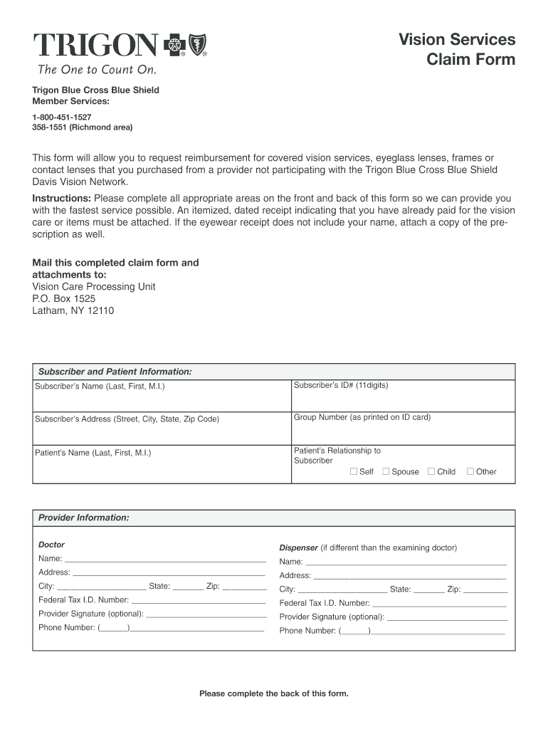 Fillable Online Vision Services Claim Form Fax Email Print - pdfFiller