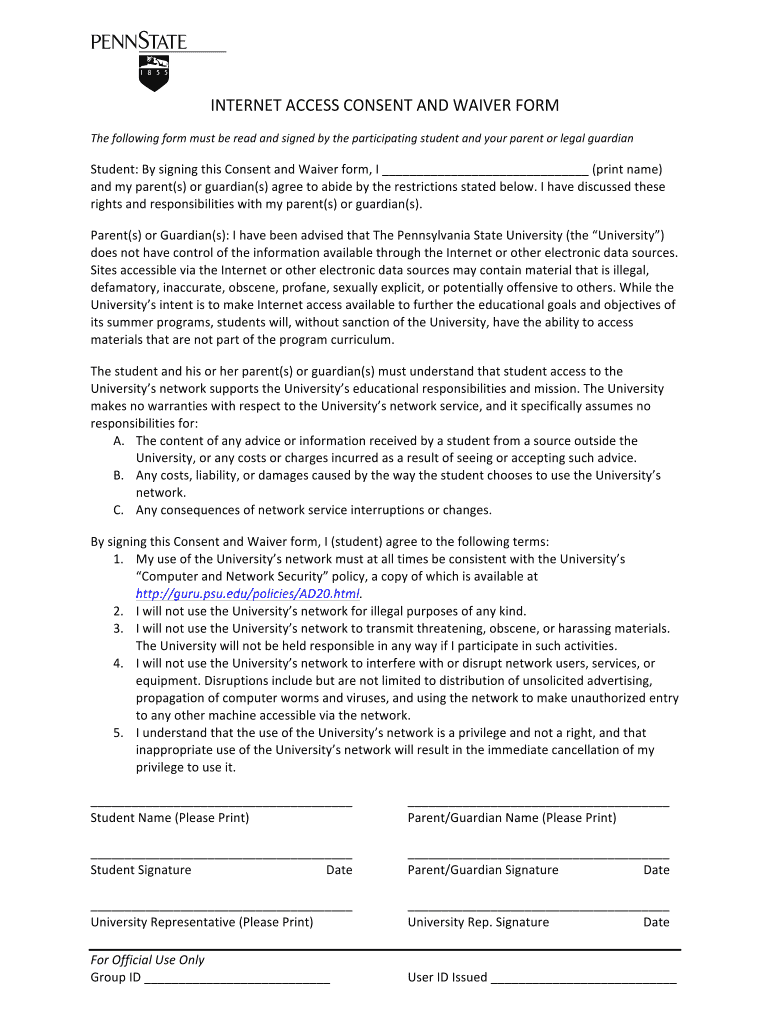 Fillable Online Internet Access Consent and Waiver Fax Email Print ...