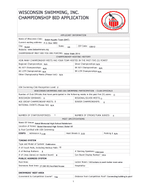 Fillable Online WISCONSIN SWIMMING, INC. CHAMPIONSHIP BID APPLICATION ...