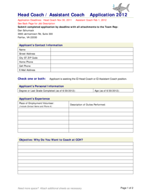 Fillable Online Head Coach / Assistant Coach Application 2012 ...