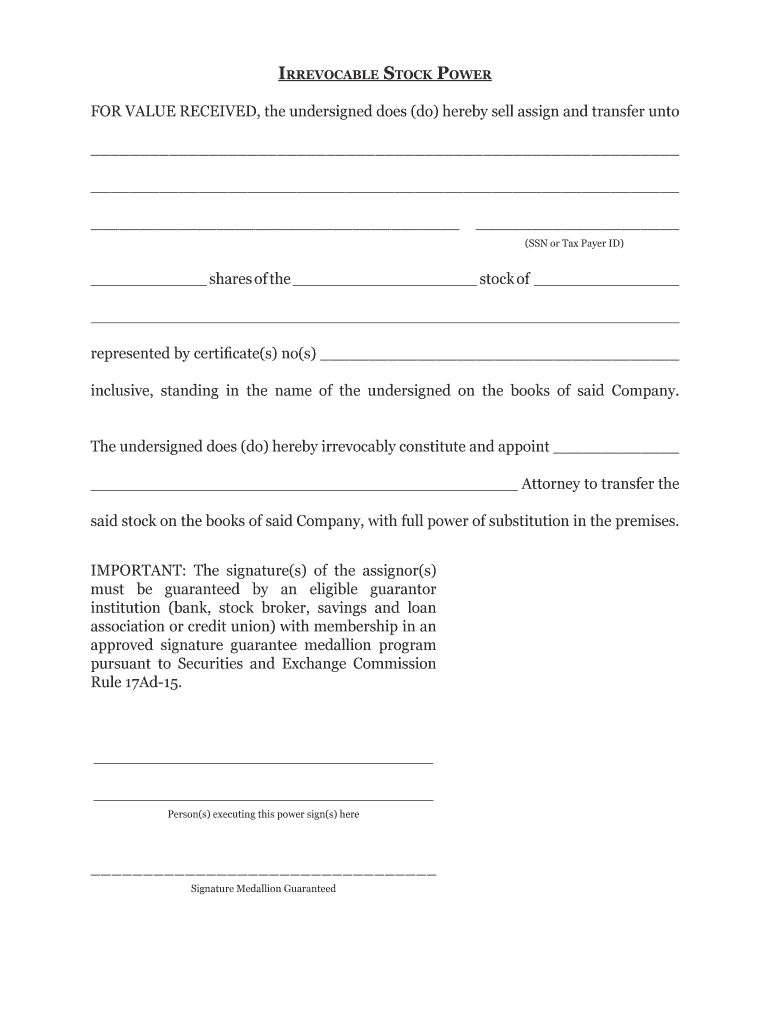 Fillable Online Irrevocable Stock Power Fax Email Print - pdfFiller