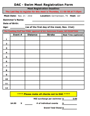 Fillable Online DAC - Swim Meet Registration Form - TeamUnify Fax Email ...