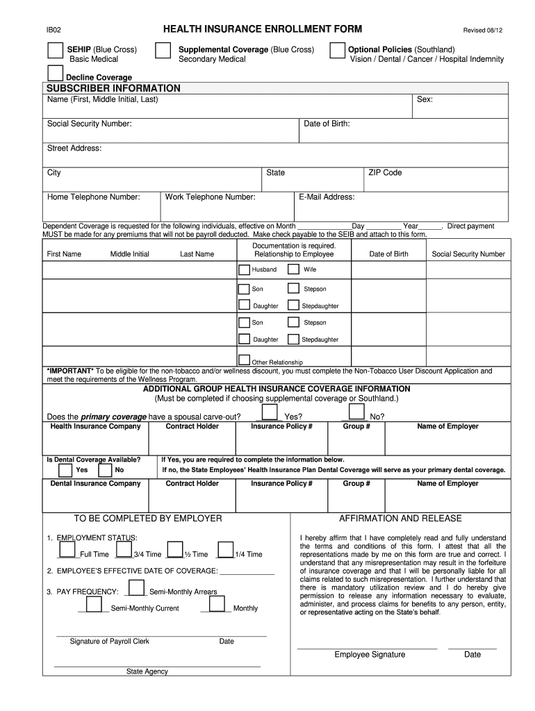 Fillable Online Health insurance enrollment form subscriber information ...