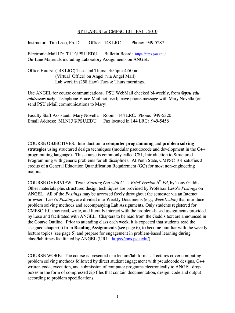 Fillable Online CMPSC 101 Course Syllabus Fax Email Print - pdfFiller