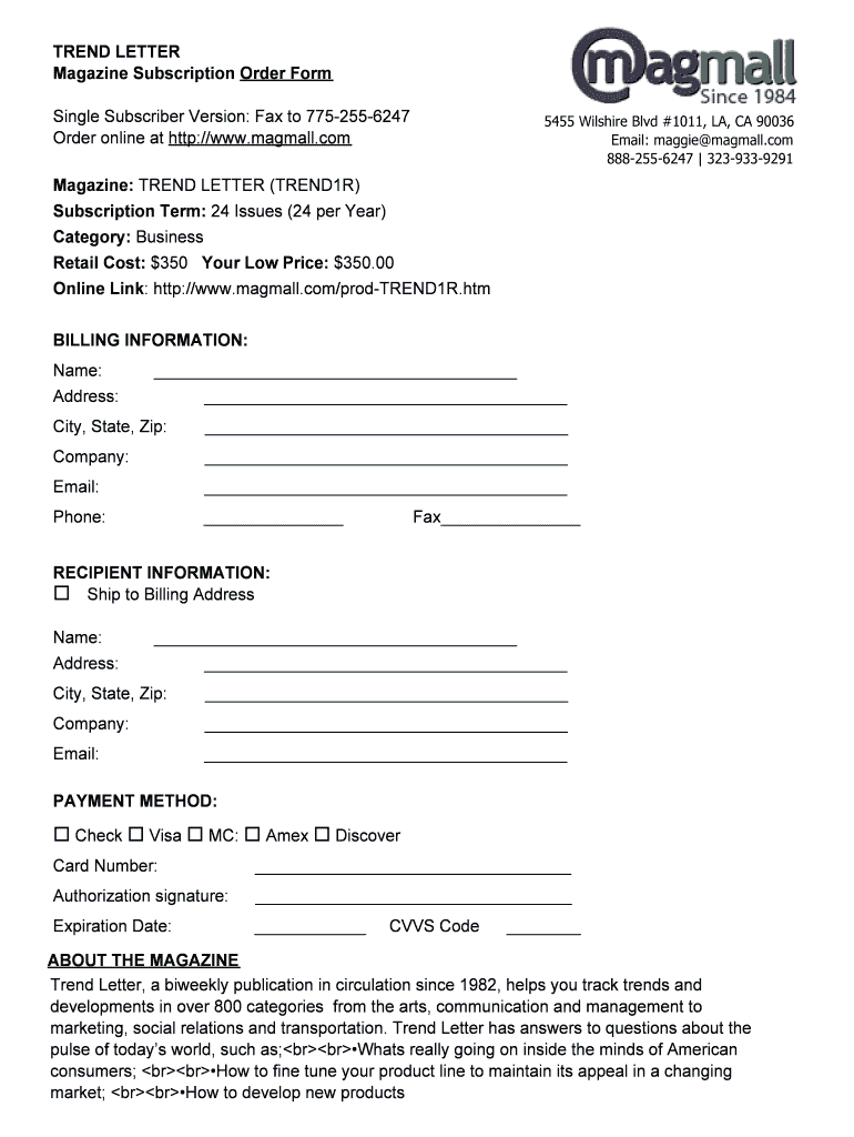 Fillable Online TREND LETTER Subscription Order Form Fax Email Print - pdfFiller