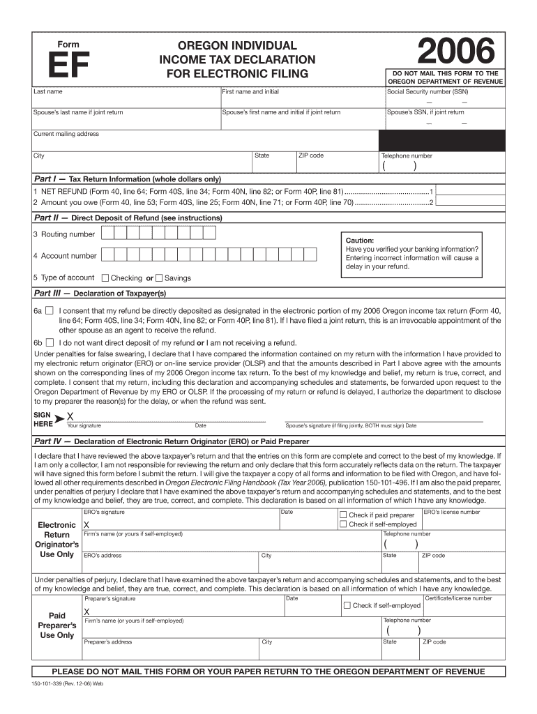 Oregon Individual Income Tax Declaration for Electronic Filing: Fill ...