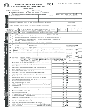 Fillable Online Form N-15 Rev 2003 Individual Income Tax Return Nonresident and Part-Year ...