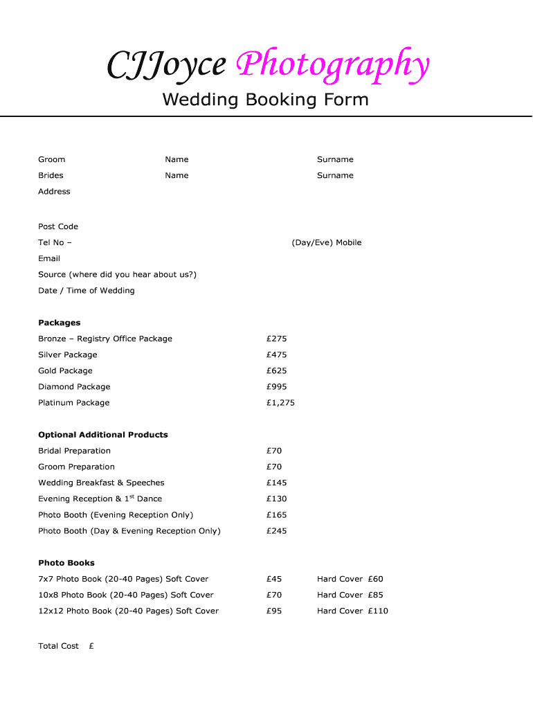 Fillable Online Wedding Booking Form Fax Email Print - pdfFiller