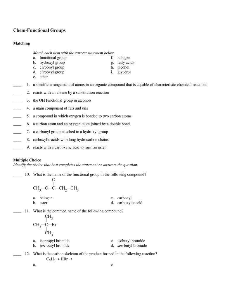 Fillable Online Chem-Functional Groups Matching and Multiple Choice Fax ...