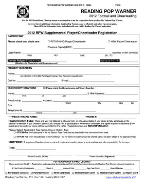 Fillable Online FOR READING POP WARNER USE ONLY: Date: Fax Email Print ...