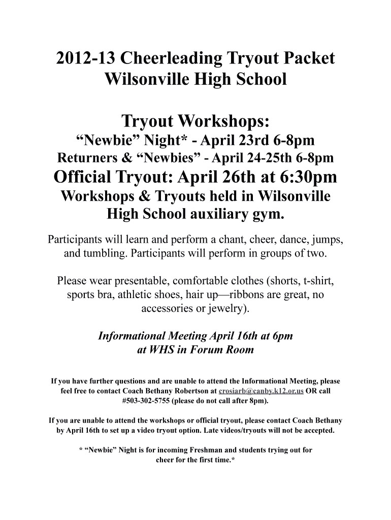 Fillable Online WHS Cheerleading Tryout Information Fax Email Print ...