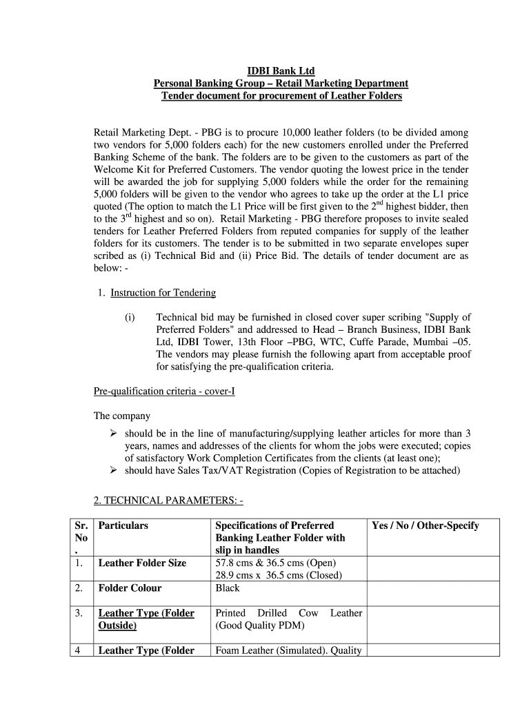 Fillable Online Tender Document for Leather Folders Fax Email Print ...
