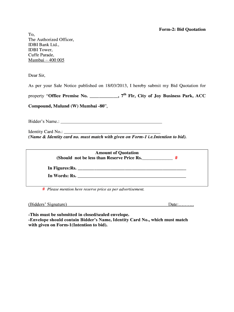Fillable Online Bid Quotation for Property Fax Email Print - pdfFiller