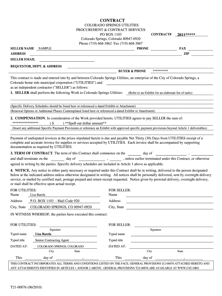 Fillable Online COLORADO SPRINGS UTILITIES CONTRACT Fax Email Print - pdfFiller