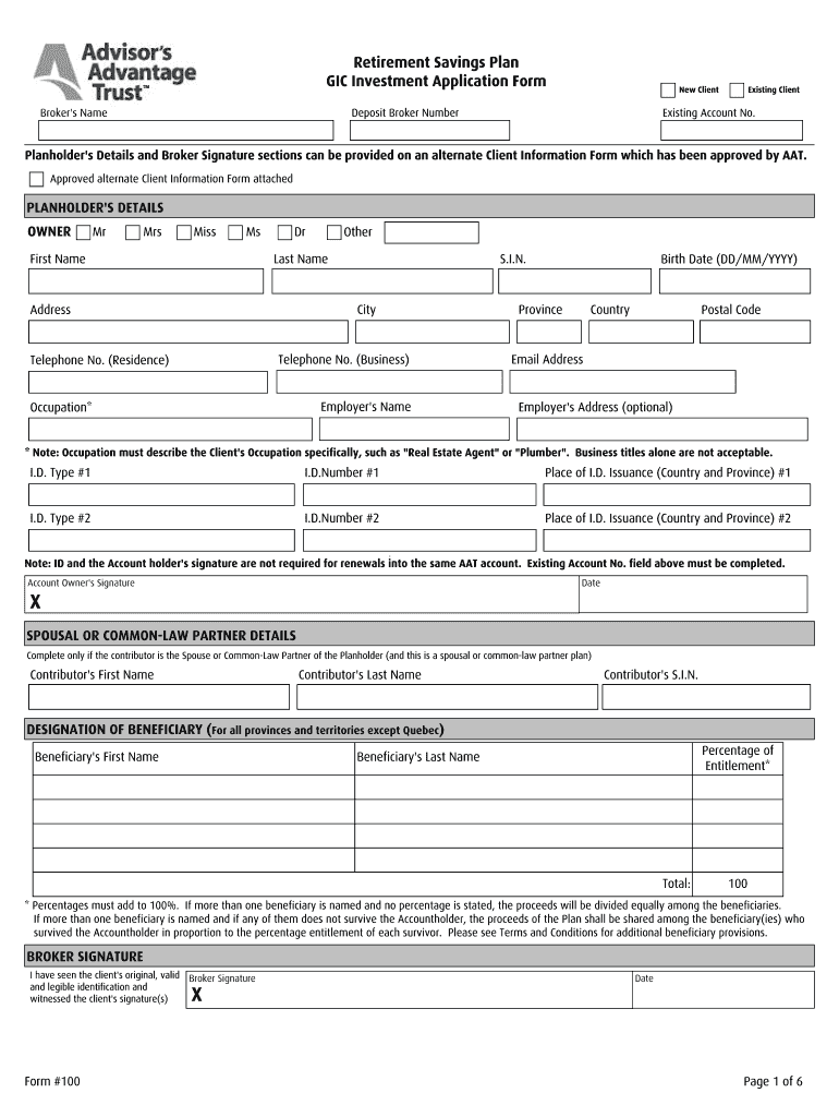 Fillable Online Retirement Savings Plan GIC Investment Application Form ...
