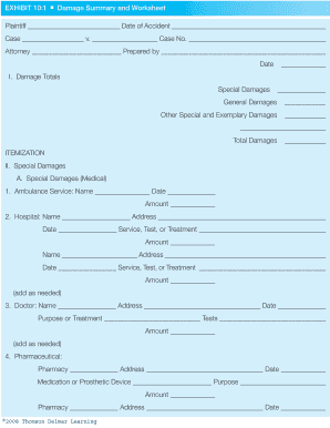 Fillable Online EXHIBIT 101 Damage Summary and Worksheet - Delmar Fax ...