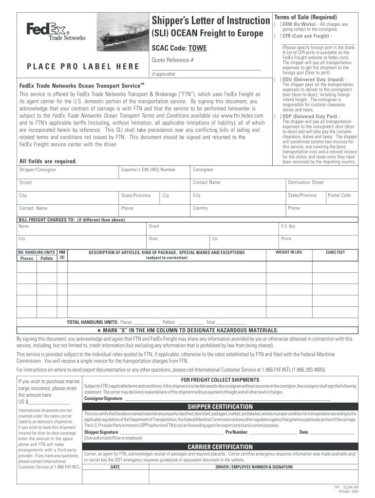 Fedex Sli Fill Online Printable Fillable Blank PdfFiller
