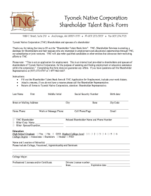 Shareholder Talent Bank Form - Tyonek Native Corporation - Fill and ...