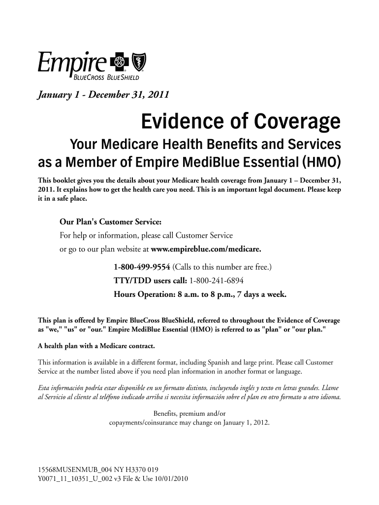 Fillable Online 2011 Evidence of Coverage for Empire MediBlue Essential ...