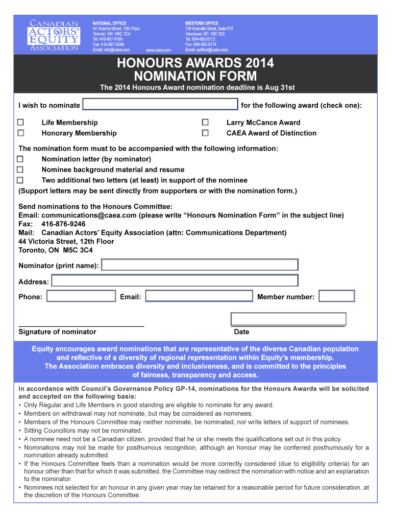 Fillable Online Nomination Form for CAEA Honours Awards 2014 Fax Email Print - pdfFiller