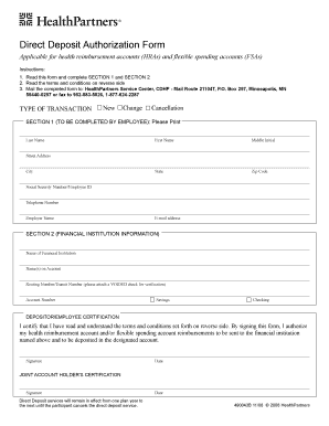Fillable Online Direct Deposit Authorization Form - HealthPartners Fax ...