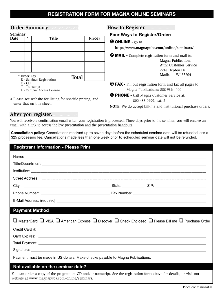 Fillable Online Registration Form for Magna Online Seminars Fax Email ...