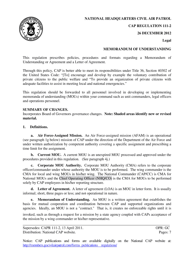 Fillable Online Civil Air Patrol Memorandum of Understanding Regulation ...