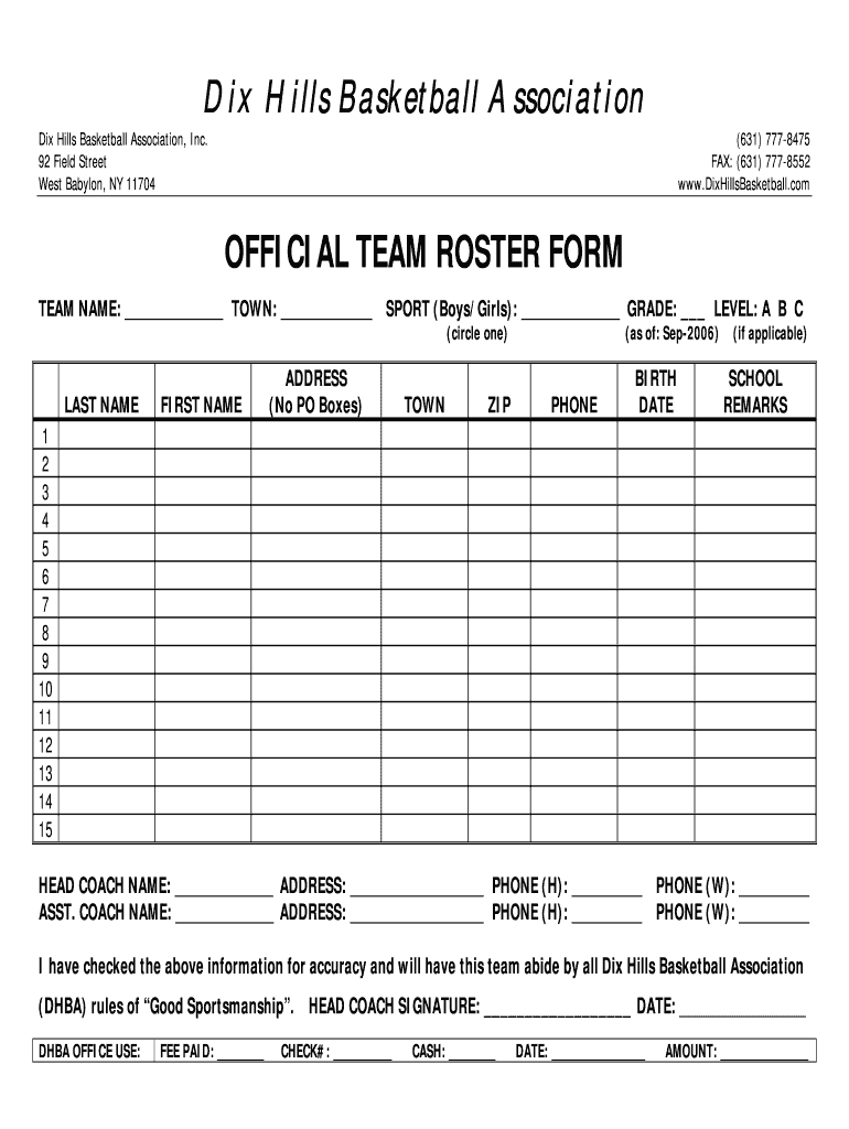 Dix Hills Basketball Association Official Team Roster Form Fill And 