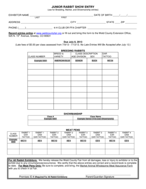 Fillable Online 2013 Rabbit Entry Form - Weld County Fair Fax Email Print - pdfFiller