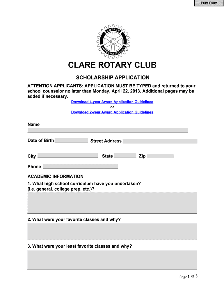 Fillable Online Clare Rotary Club Scholarship Application Fax Email ...
