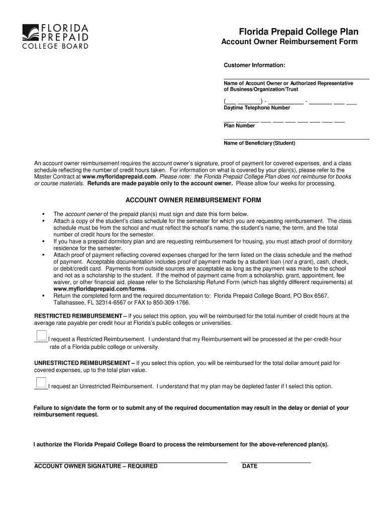 Fillable Online Florida Prepaid College Plan Reimbursement Fax Email Print - pdfFiller