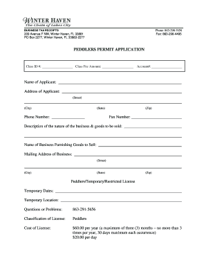 Fillable Online PEDDLERS PERMIT APPLICATION Name of Applicant: Address ...