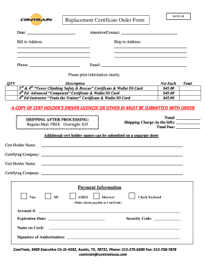 Fillable Online Replacement Certificate Order Form - ComTrain Fax Email ...