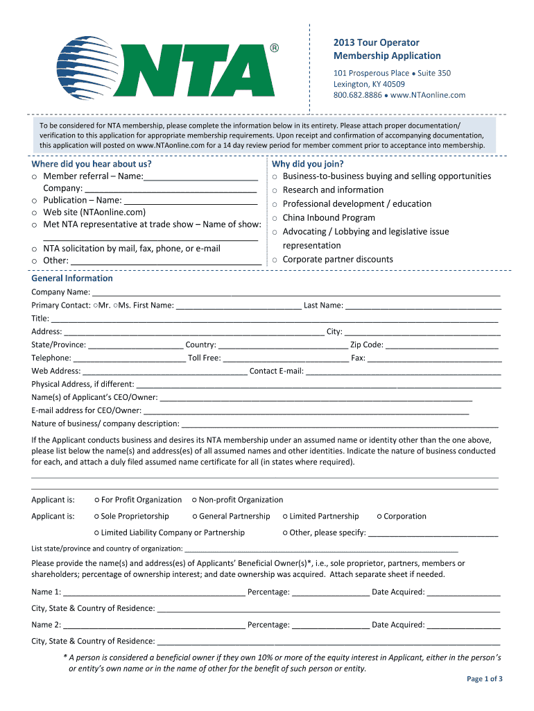 2013 Tour Operator Membership Application: Fill out & sign online | DocHub